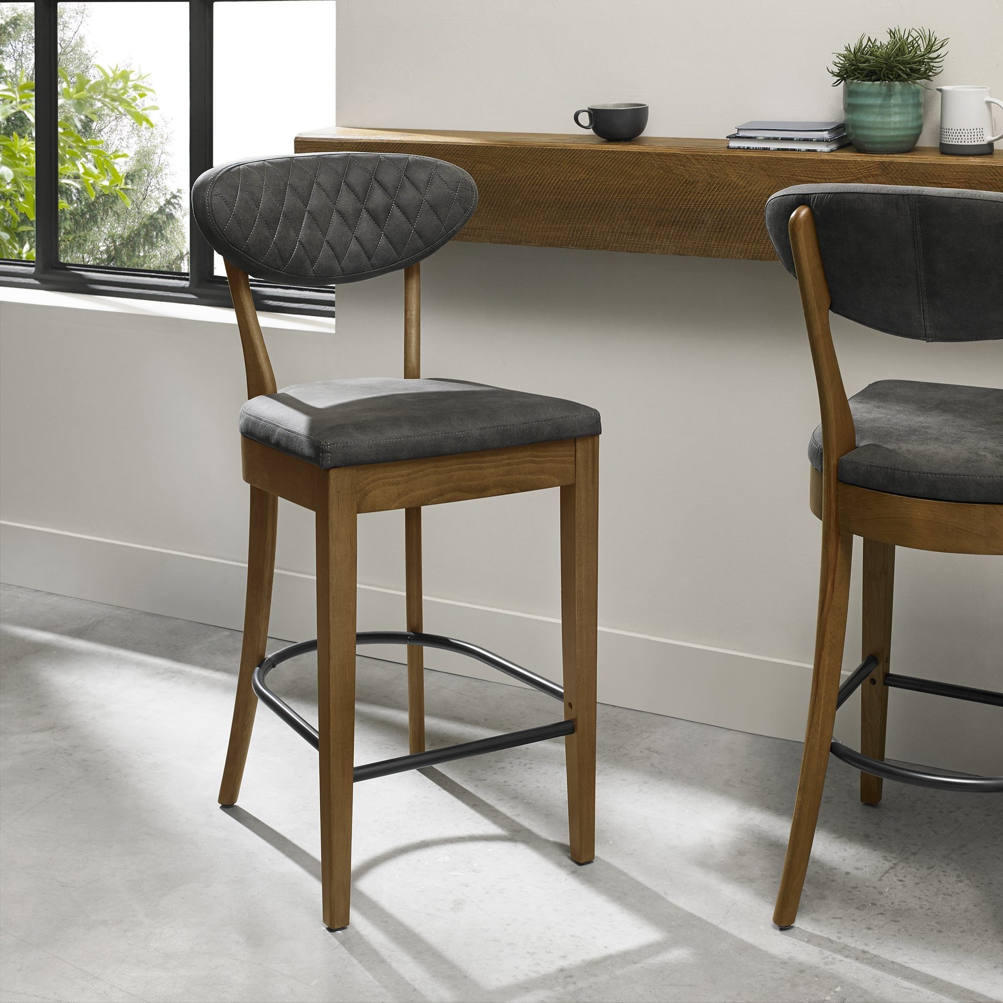 Ellipse Rustic Oak Bar Stools (Dark Grey Fabric) - Belgica Furniture